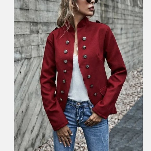 Coeur de vague | Jackets & Coats | Maroon Buttonaccent Mandarin Collar ...